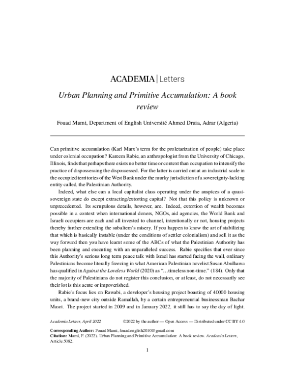 (PDF) Urban Planning and Primitive Accumulation: A book review