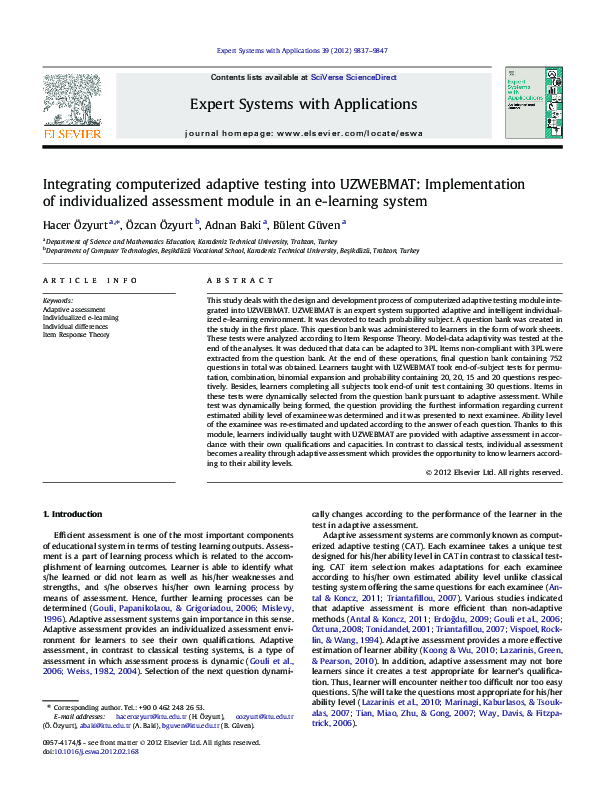 Pdf Integrating Computerized Adaptive Testing Into Uzwebmat Implementation Of Individualized