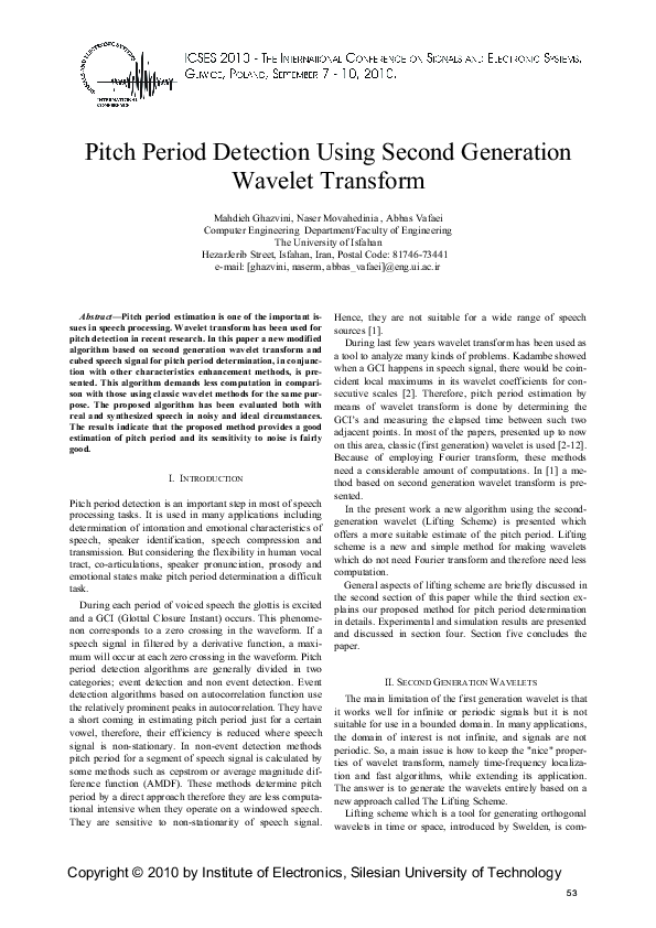 Pdf Pitch Period Detection Using Second Generation Wavelet Transform