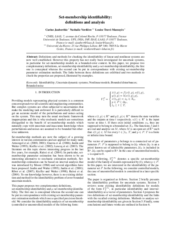 (PDF) Set-Membership Identifiability: Definitions and Analysis