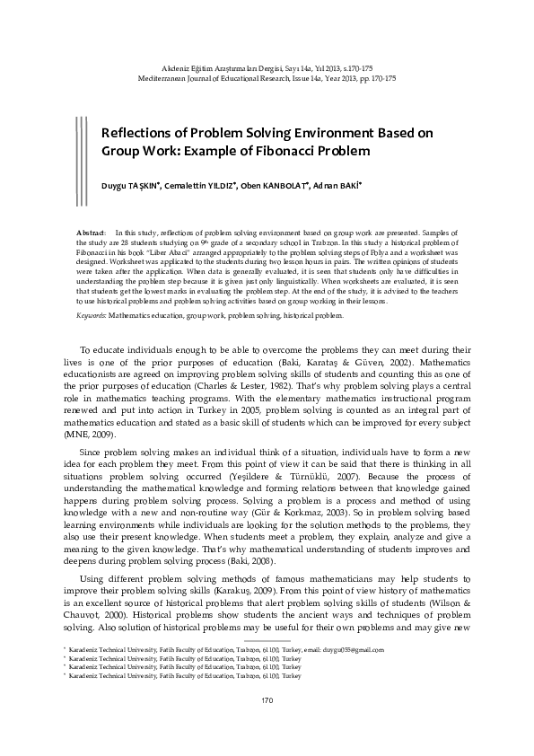 (PDF) Reflections of Problem Solving Environment Based on Group Work: Example of Fibonacci Problem