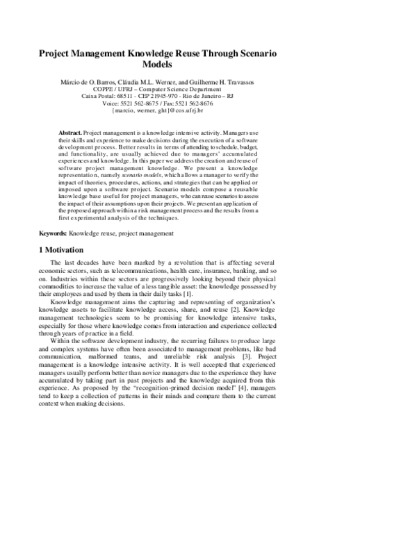 (PDF) Project Management Knowledge Reuse through Scenario Models