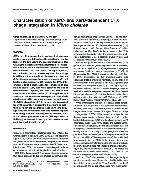 (PDF) Characterization of XerC- and XerD-dependent CTX phage ...