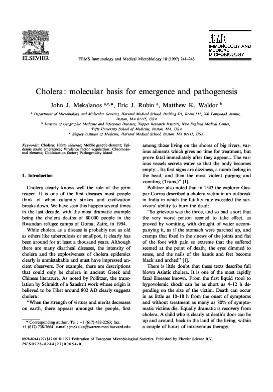 (PDF) Cholera: molecular basis for emergence and pathogenesis