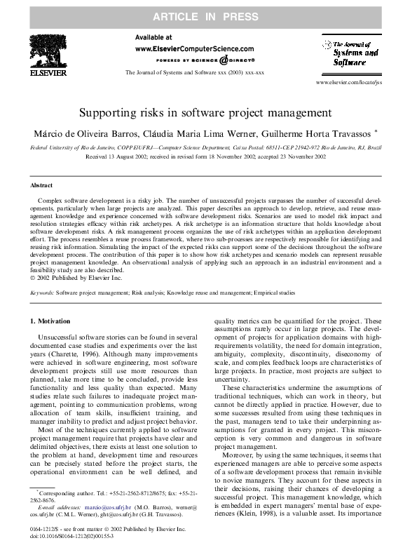 (PDF) Supporting risks in software project management