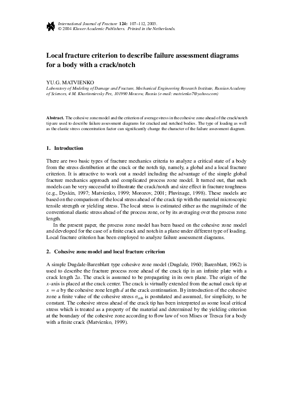 (PDF) Local fracture criterion to describe failure assessment diagrams ...