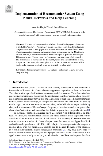 (PDF) Implementation of Recommender System Using Neural Networks and ... (PDF) Implementation of Recommender System Using Neural Networks and ...
