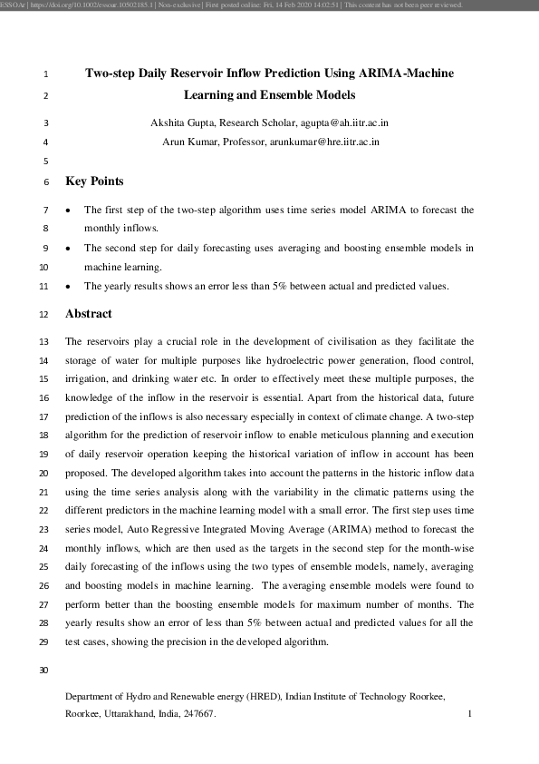 Pdf Two Step Daily Reservoir Inflow Prediction Using Arima Machine Learning And Ensemble Models