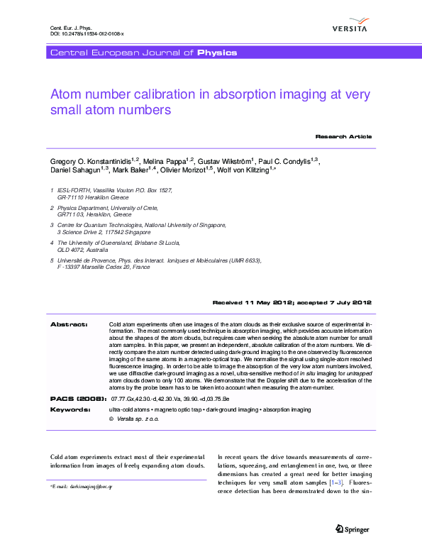 (PDF) Atom number calibration in absorption imaging at very small atom ...