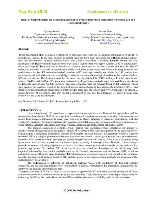 (PDF) Decision support system for estimating actual crop evapotranspiration using remote sensing ...