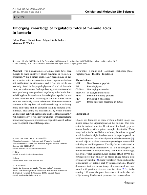 (PDF) Emerging knowledge of regulatory roles of d-amino acids in bacteria