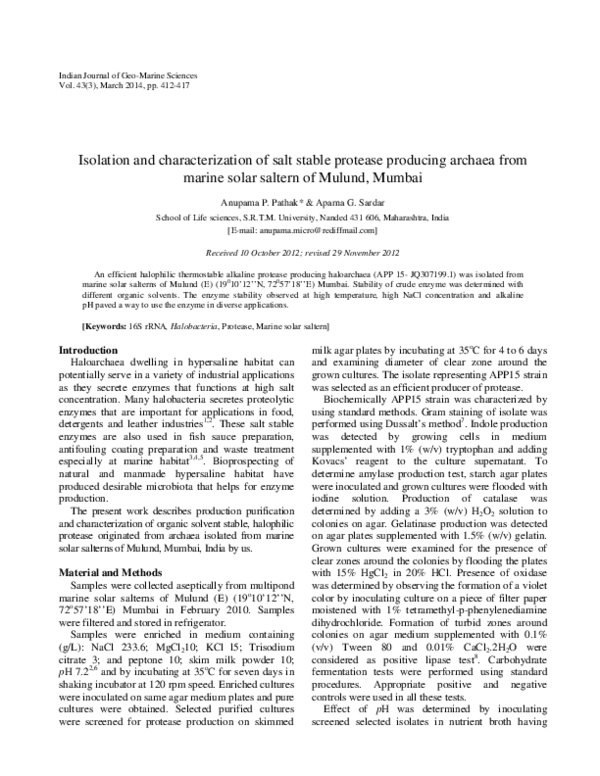 (PDF) Isolation and characterization of salt stable protease producing archaea from marine solar ...