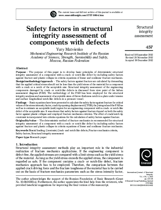 (PDF) Safety factors in structural integrity assessment of components ...