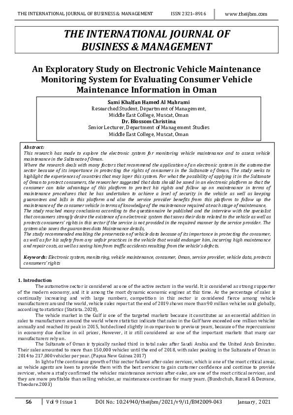 (PDF) An Exploratory Study on Electronic Vehicle Maintenance Monitoring ...