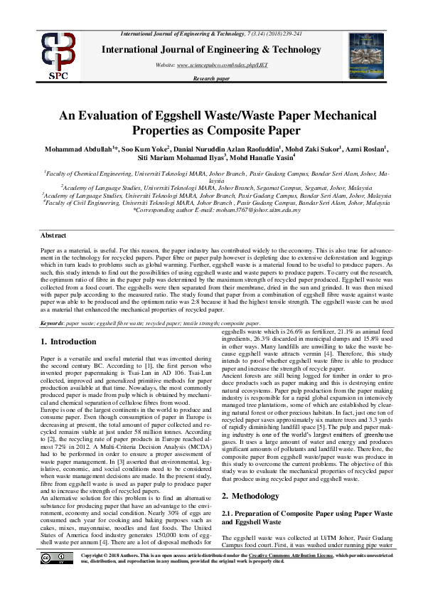 (PDF) An Evaluation of Eggshell Waste/Waste Paper Mechanical Properties ...