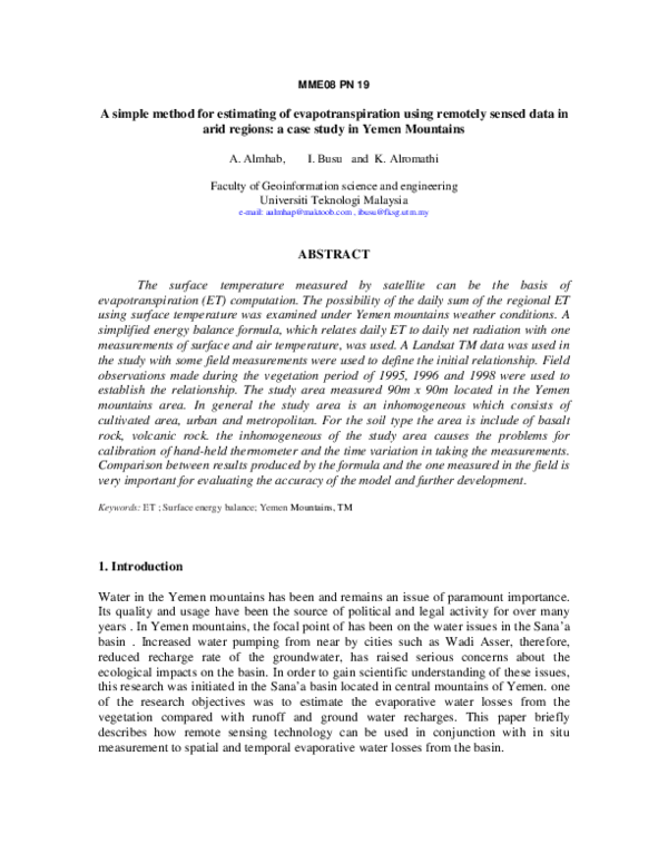 (PDF) A simple method for estimating of evapotranspiration using remotely sensed data in arid ...