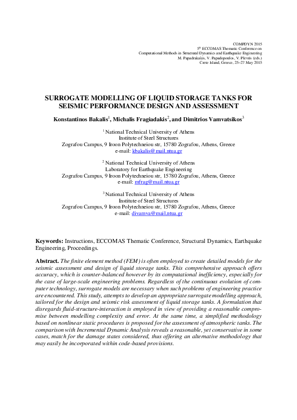 (PDF) Surrogate Modelling of Liquid Storage Tanks for Seismic Performance Design and Assessment