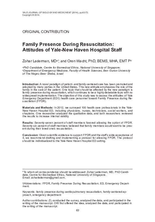 (PDF) Family presence during resuscitation: attitudes of Yale-New Haven ...