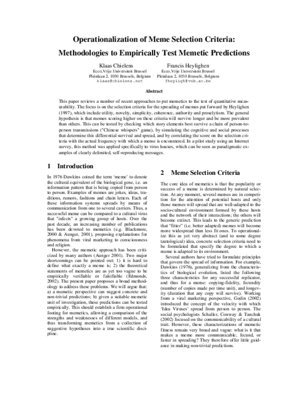 (PDF) Operationalization of Meme Selection Criteria: Methodologies to ...