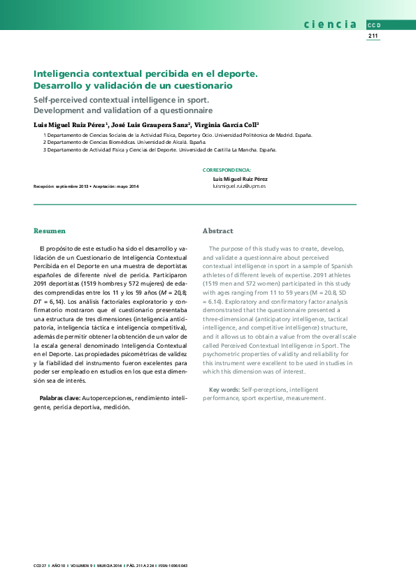 (PDF) Inteligencia contextual percibida en el deporte. Desarrollo y validación de un cuestionario