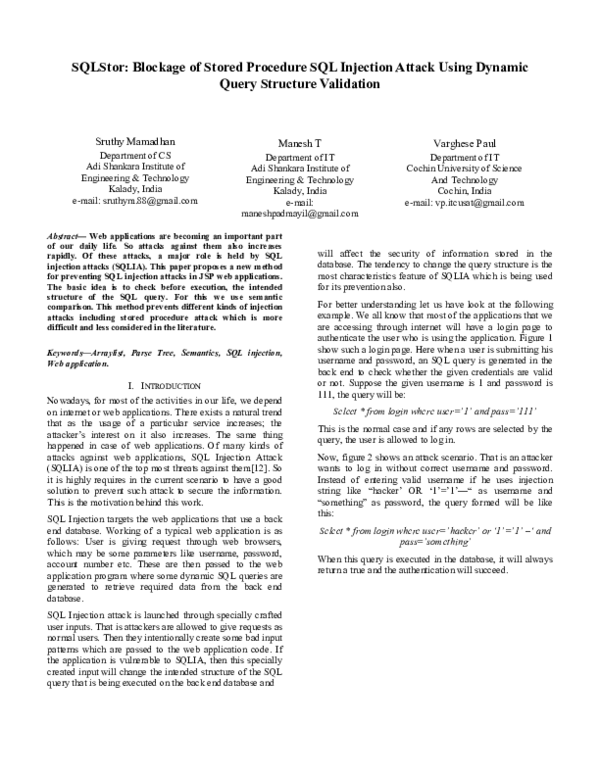 (PDF) SQLStor: Blockage of stored procedure SQL injection attack using ... (PDF) SQLStor: Blockage of stored procedure SQL injection attack using ...