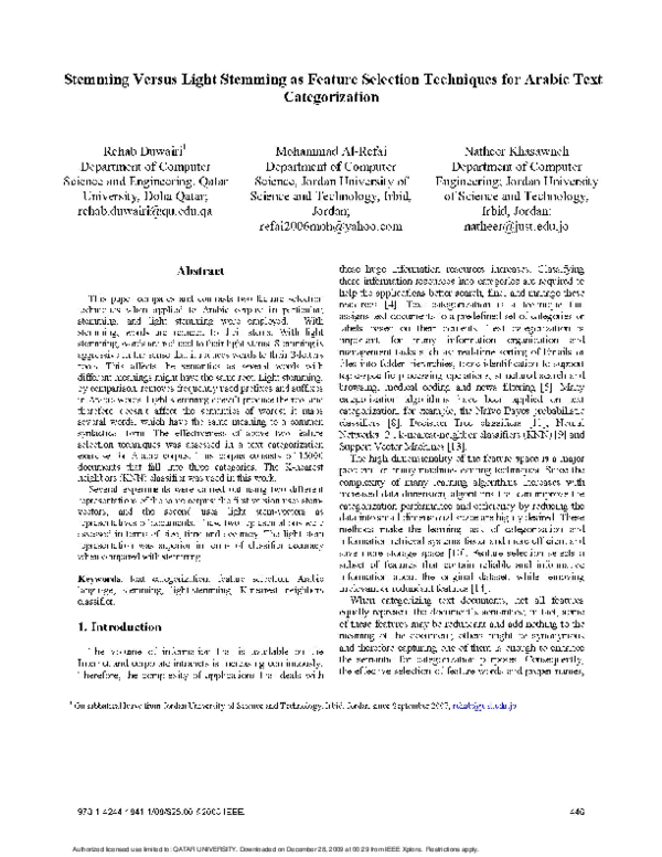 (PDF) Stemming Versus Light Stemming as Feature Selection Techniques for Arabic Text Categorization