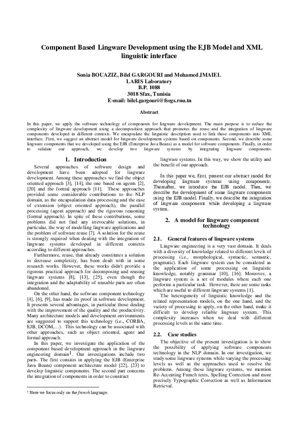 (PDF) Component based lingware development using the ejb model and xml linguistic interface
