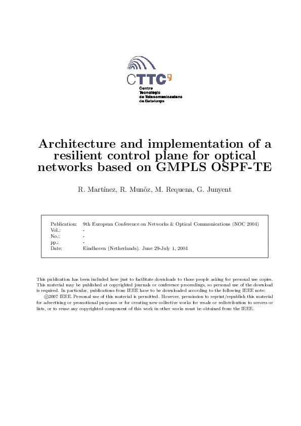 Pdf Architecture And Implementation Of A Resilient Control Plane For Optical Networks Based On