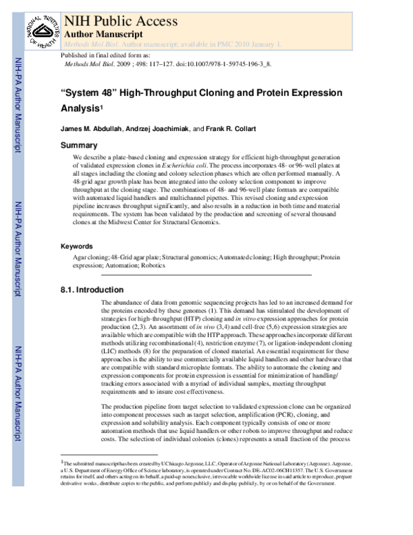 (PDF) System 48" high-throughput cloning and protein expression analysis