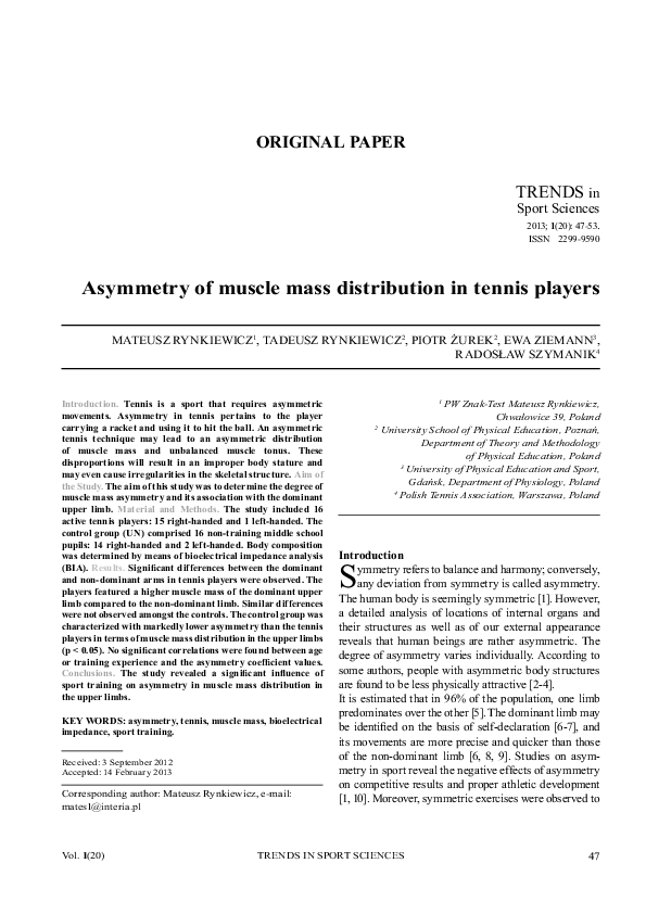 (PDF) Asymmetry of muscle mass distribution in tennis players