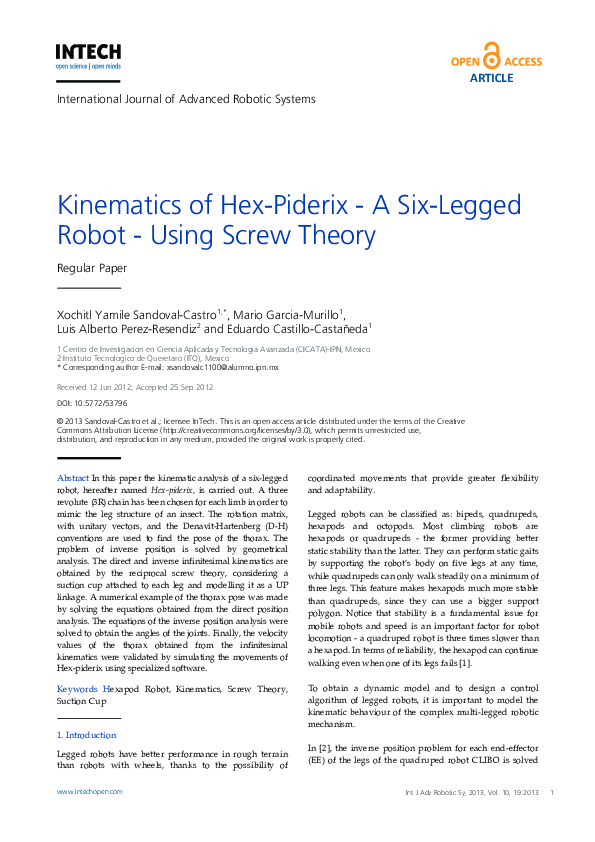 (PDF) Kinematics of Hex-Piderix - A Six-Legged Robot - Using Screw Theory