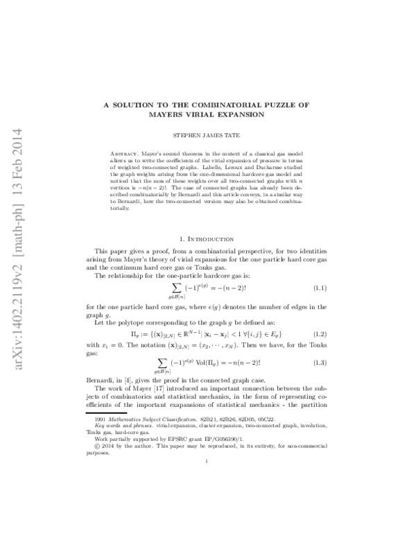 (PDF) A Solution to the Combinatorial Puzzle of Mayer's Virial Expansion