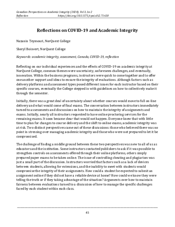 (PDF) Reflections on COVID-19 and academic integrity