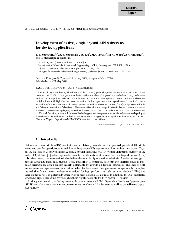 (PDF) Development of native, single crystal AlN substrates for device ...