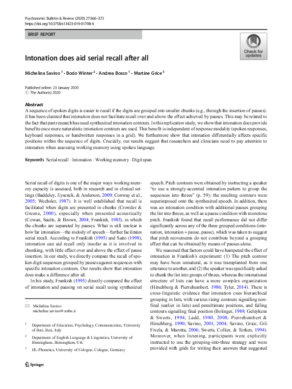 (PDF) Intonation and auditory grouping in immediate serial recall