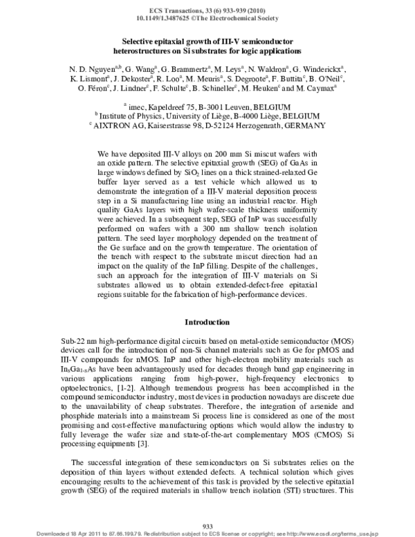 (PDF) (Invited) Selective Epitaxial Growth of III-V Semiconductor Heterostructures on Si ...