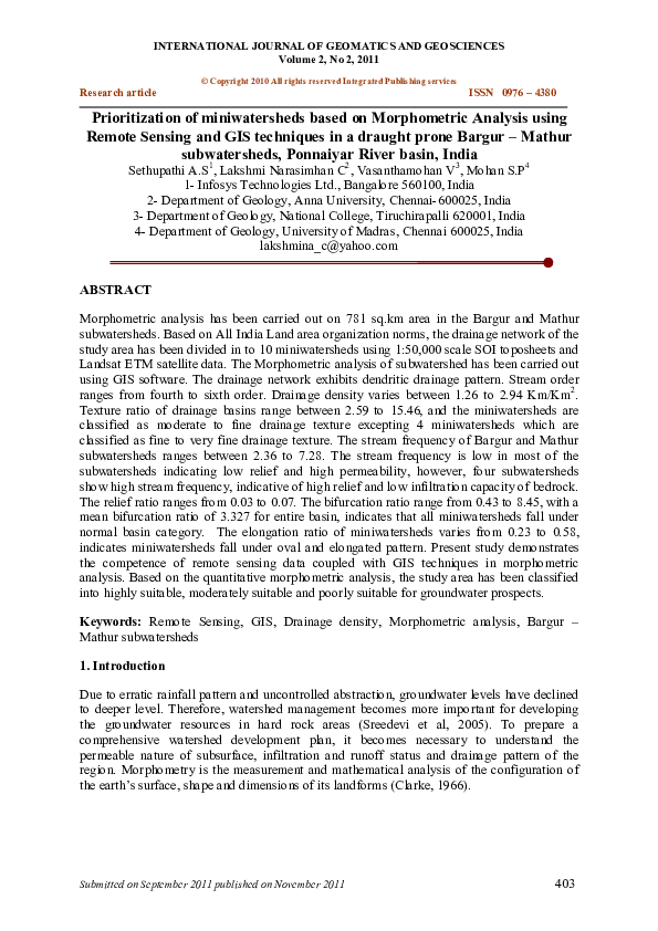 Pdf Prioritization Of Miniwatersheds Based On Morphometric Analysis Using Remote Sensing And