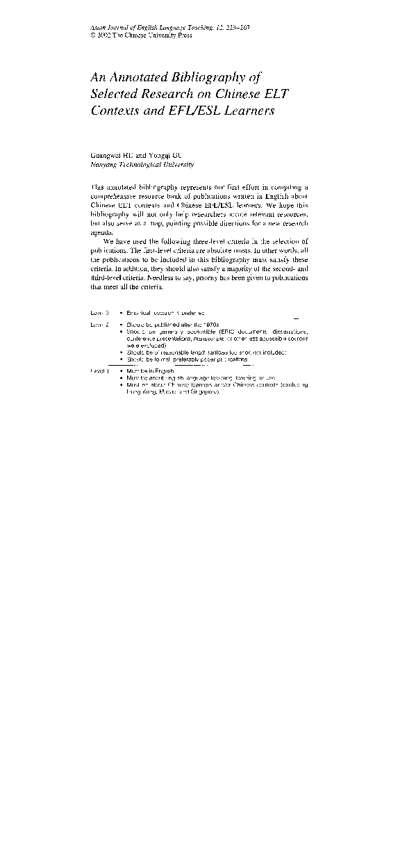 (PDF) An Annotated Bibliography of Selected Research on Chinese ELT Contexts and EFL/ESL Learners