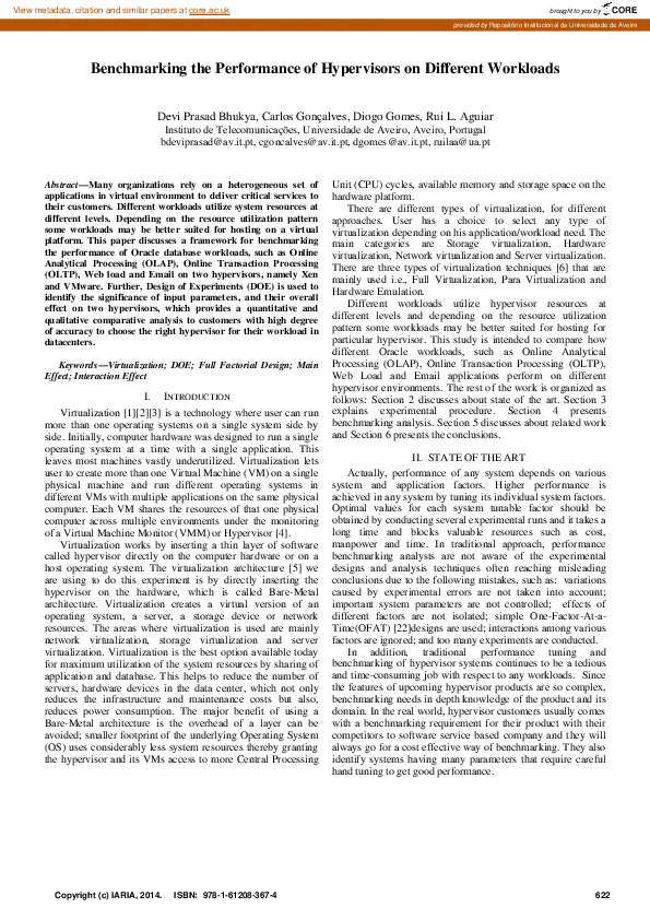 (PDF) Benchmarking the Performance of Hypervisors on Different Workloads