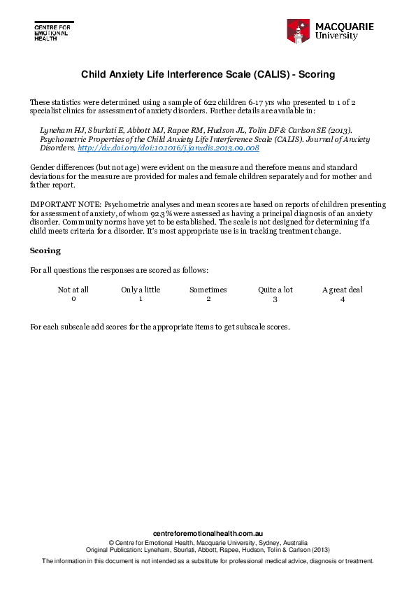 (PDF) Psychometric properties of the Child Anxiety Life Interference ...