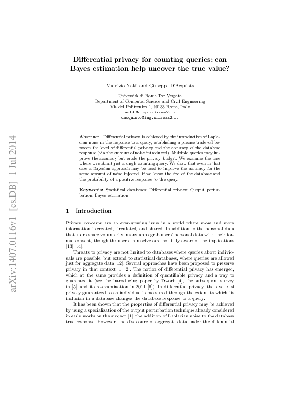 (PDF) Differential privacy for counting queries: can Bayes estimation help uncover the true ...