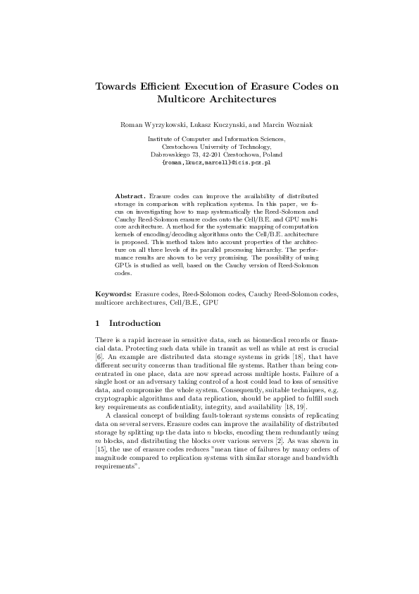 Pdf Towards Efficient Execution Of Erasure Codes On Multicore Architectures
