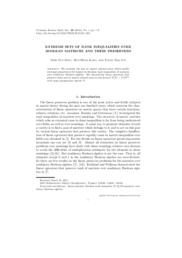Pdf Extreme Sets Of Rank Inequalities Over Boolean Matrices And Their Preservers