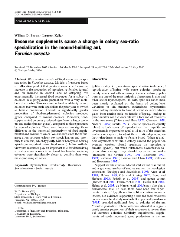 (PDF) Resource supplements cause a change in colony sex-ratio ...