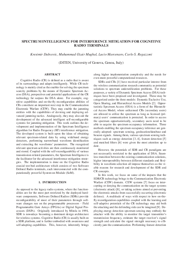 (PDF) Spectrum Intelligence for Interference Mitigation for Cognitive Radio Terminals