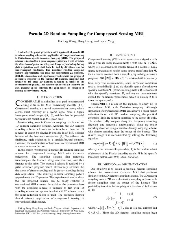 (PDF) Pseudo 2D random sampling for compressed sensing MRI
