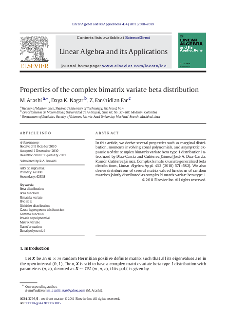 (PDF) Properties of the complex bimatrix variate beta distribution ...