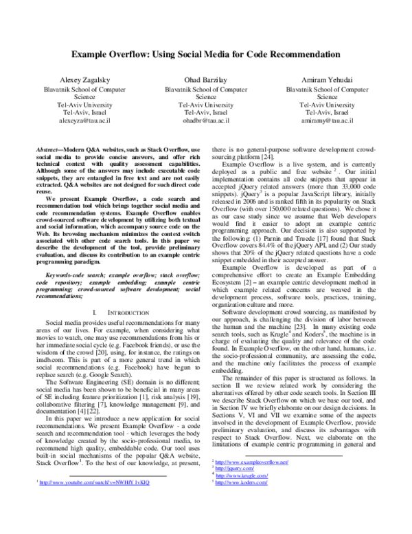Pdf Example Overflow Using Social Media For Code Recommendation