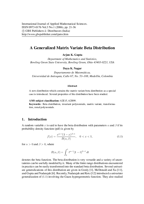 (PDF) A generalized matrix variate beta distribution