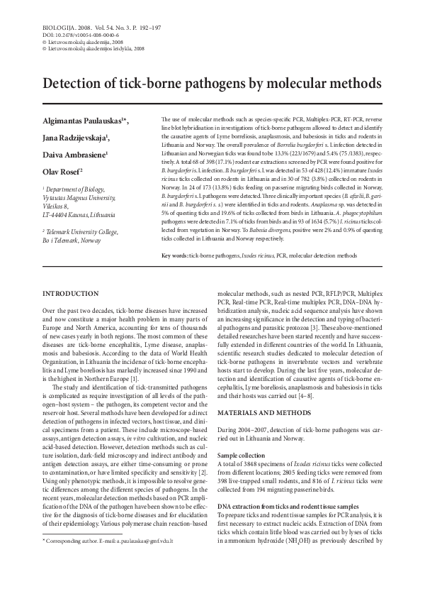 (PDF) Detection of tick-borne pathogens by molecular methods